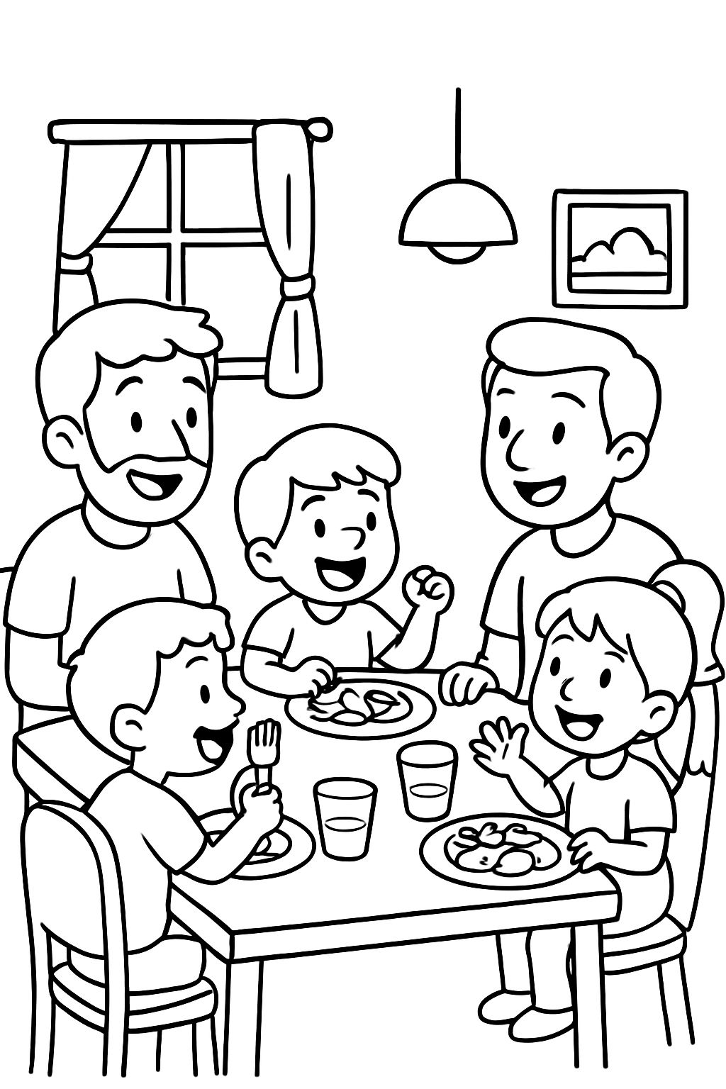 '2 fathers and 2 children eating dinner' Coloring Page | bubbely