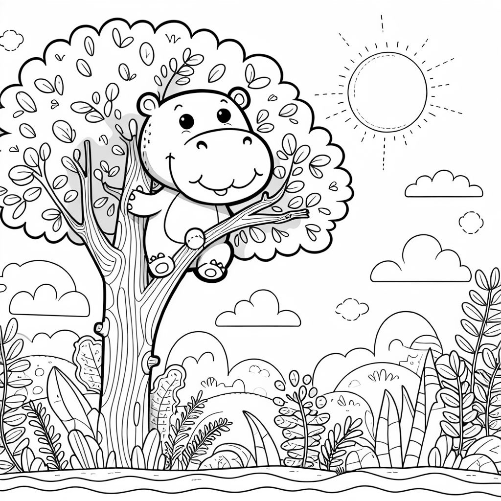 'hippo climbing tree' Coloring Page | bubbely