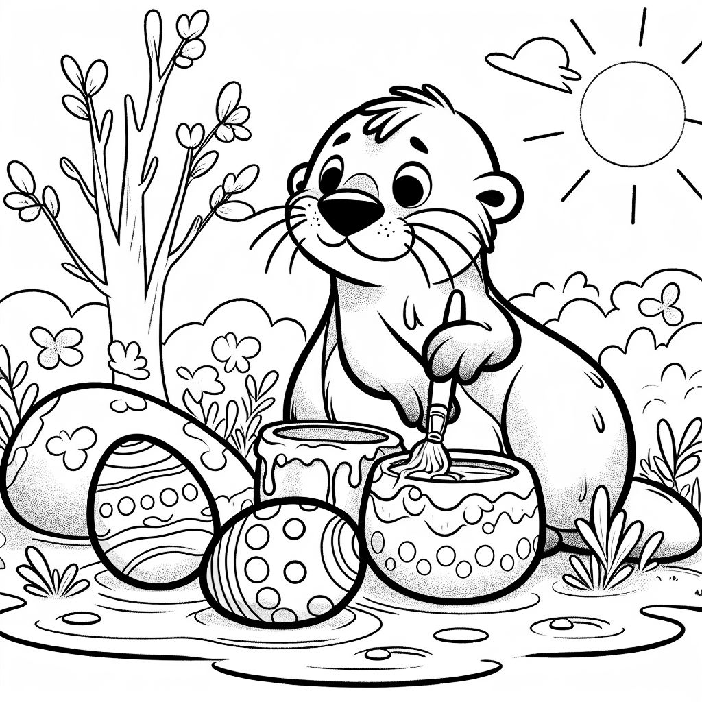 'An Otter painting on Easter eggs' Coloring Page | bubbely