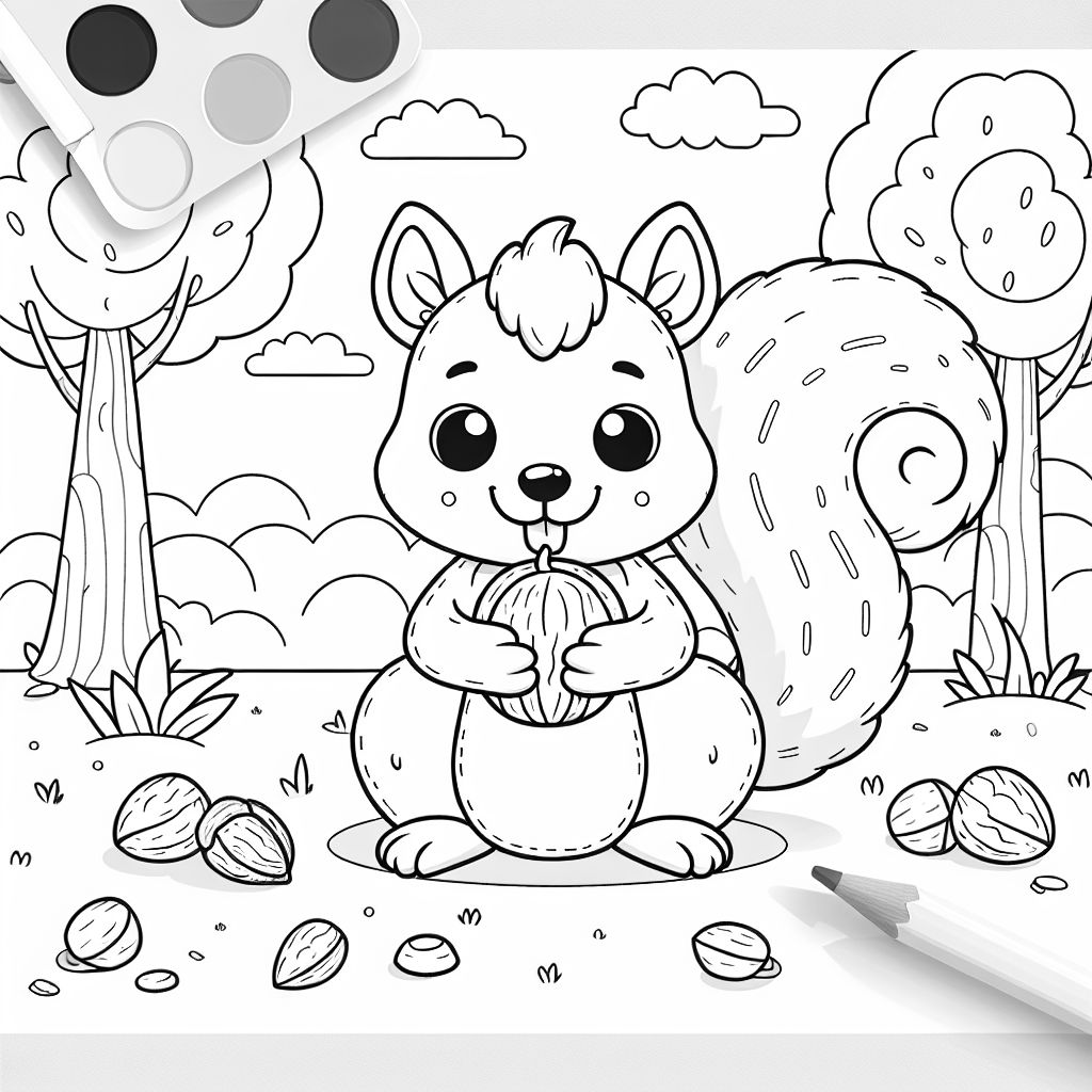 'A squirrel eating nuts.' Coloring Page | bubbely