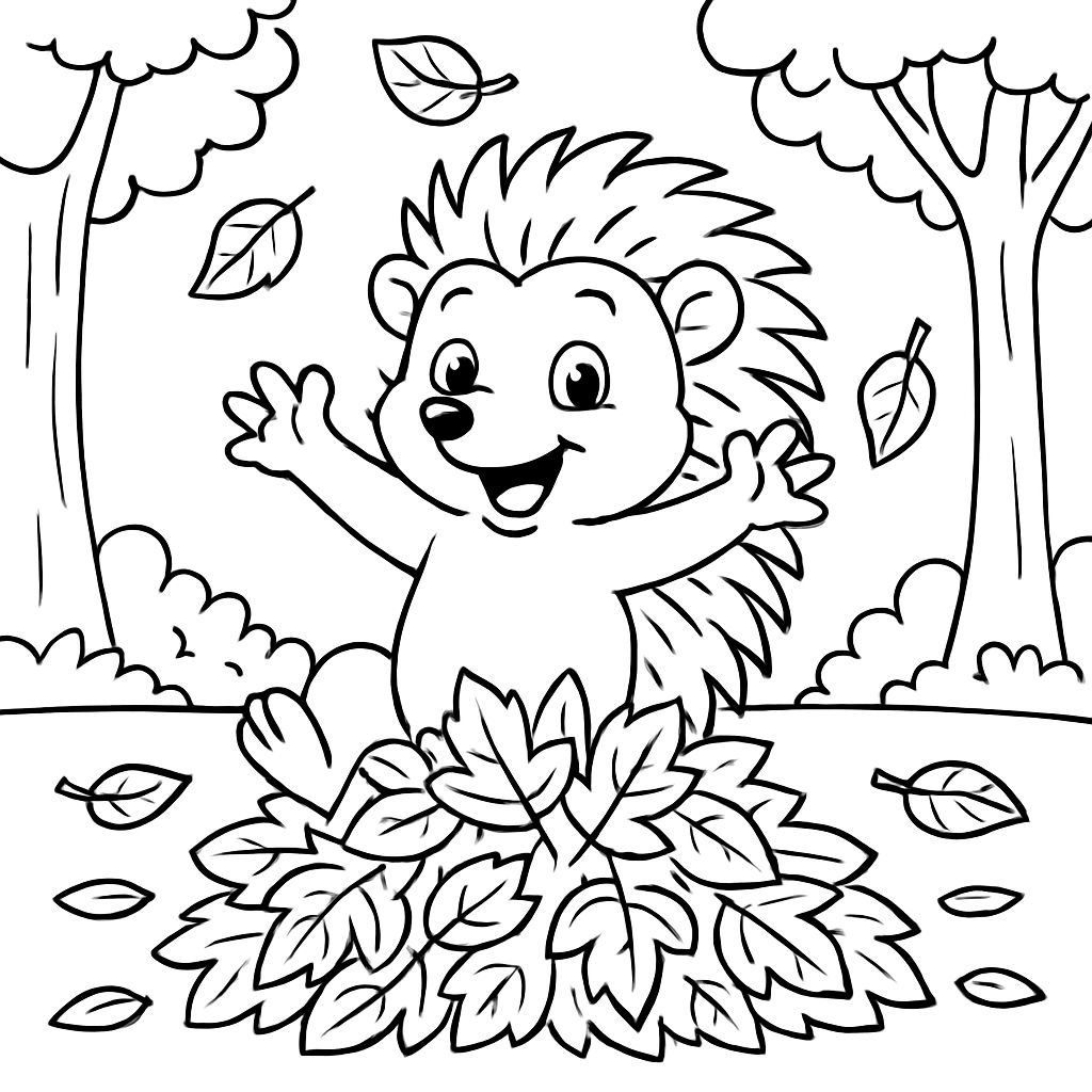 'hedgehog playing in leaf piles' Coloring Page | bubbely