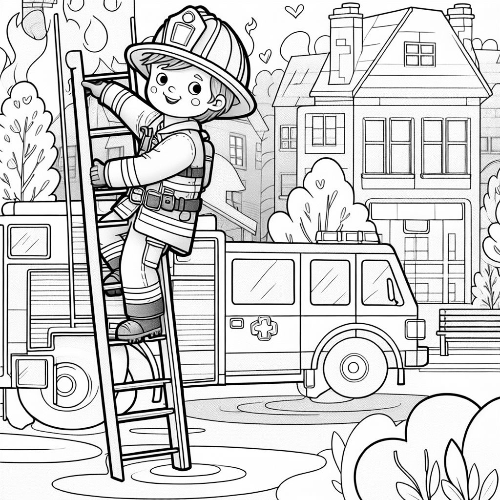 'firefighter climbing ladder on fire truck' Coloring Page | bubbely