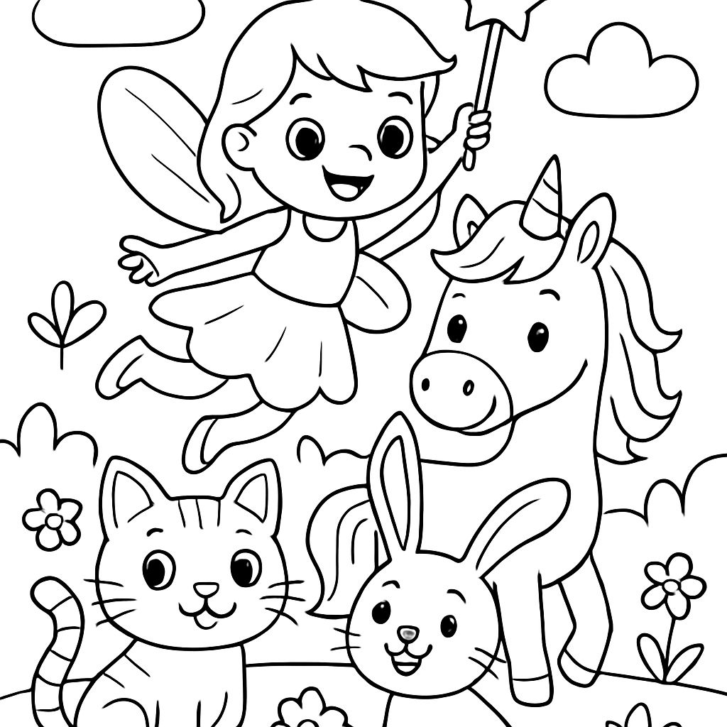 'a fairy, a unicorn, a cat, and a bunny' Coloring Page | bubbely
