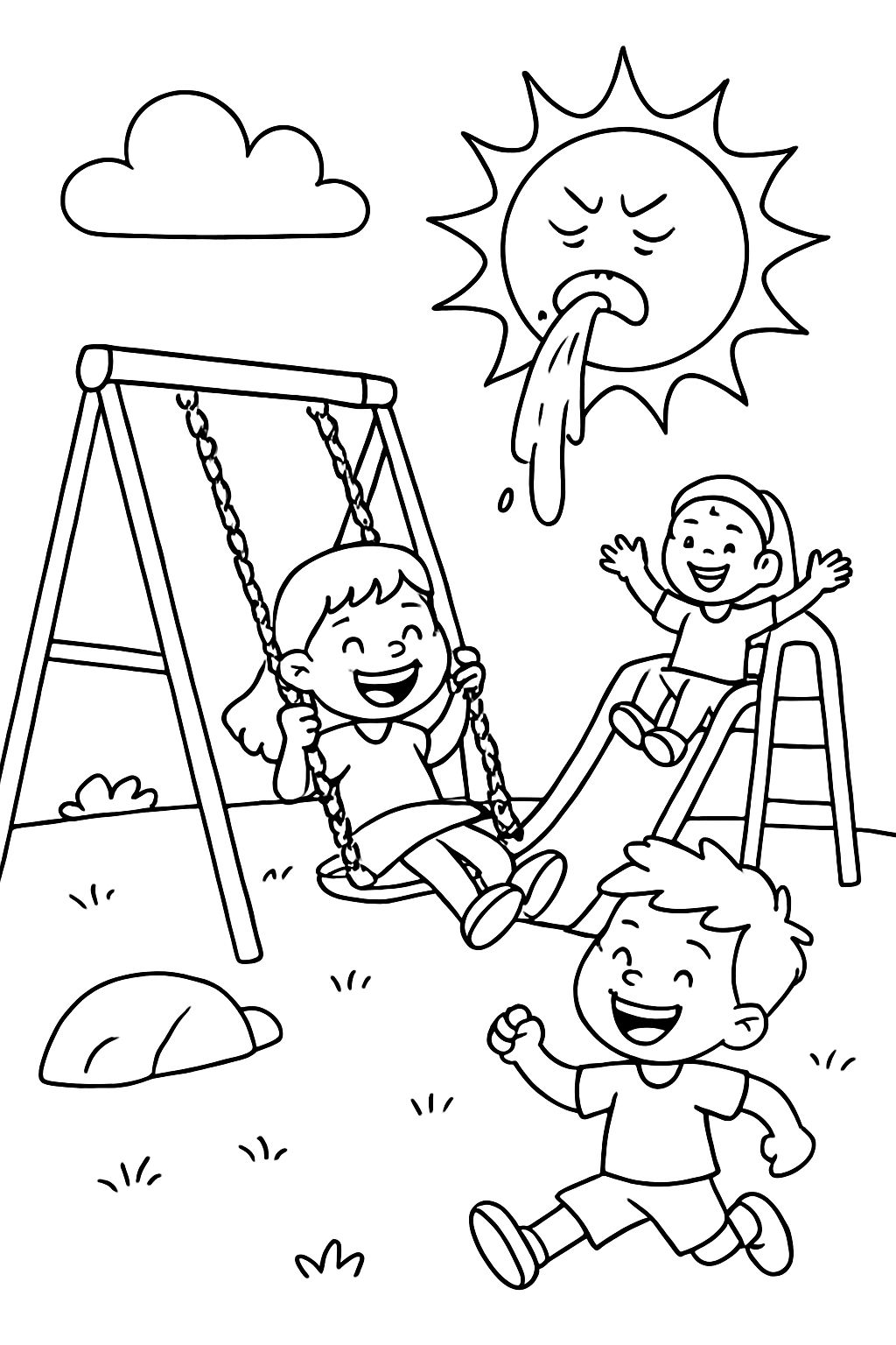 'children on a playground with a vomiting sun' Coloring Page | bubbely