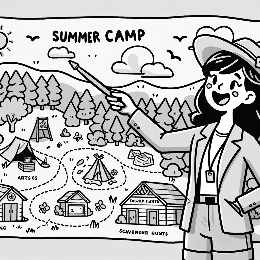 'a summer camp leader pointing to a map that has trees, arts and crafts ...