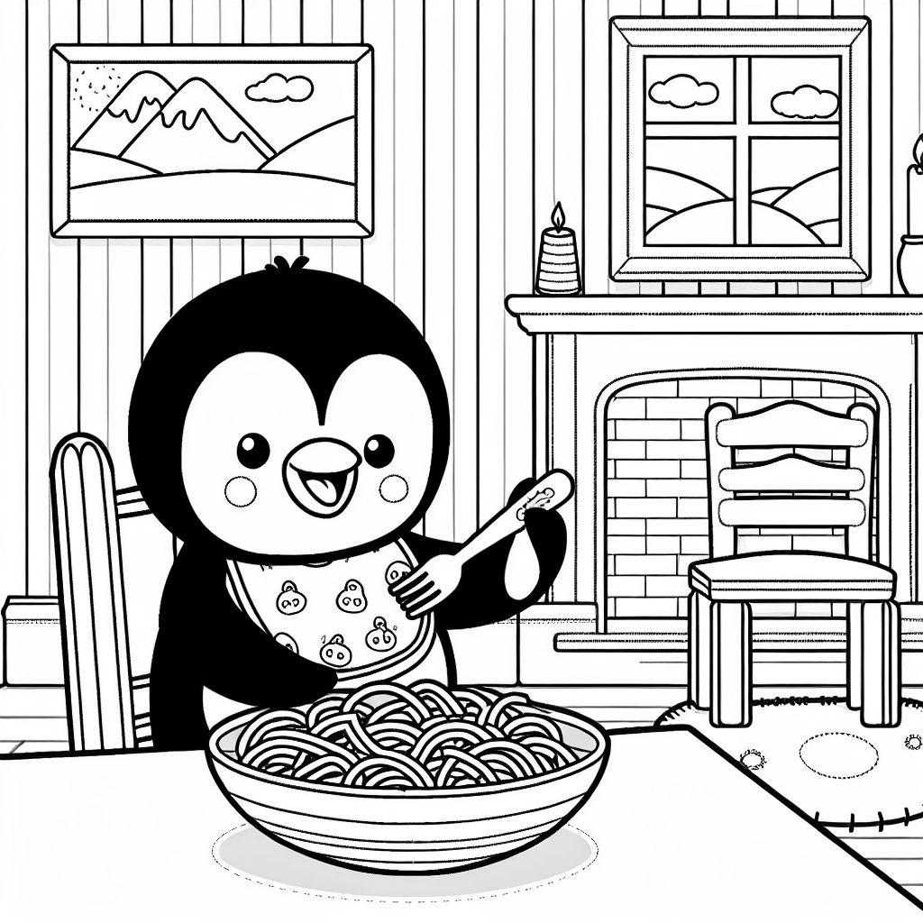 'Penguin with tattoos eating pasta' Coloring Page | bubbely