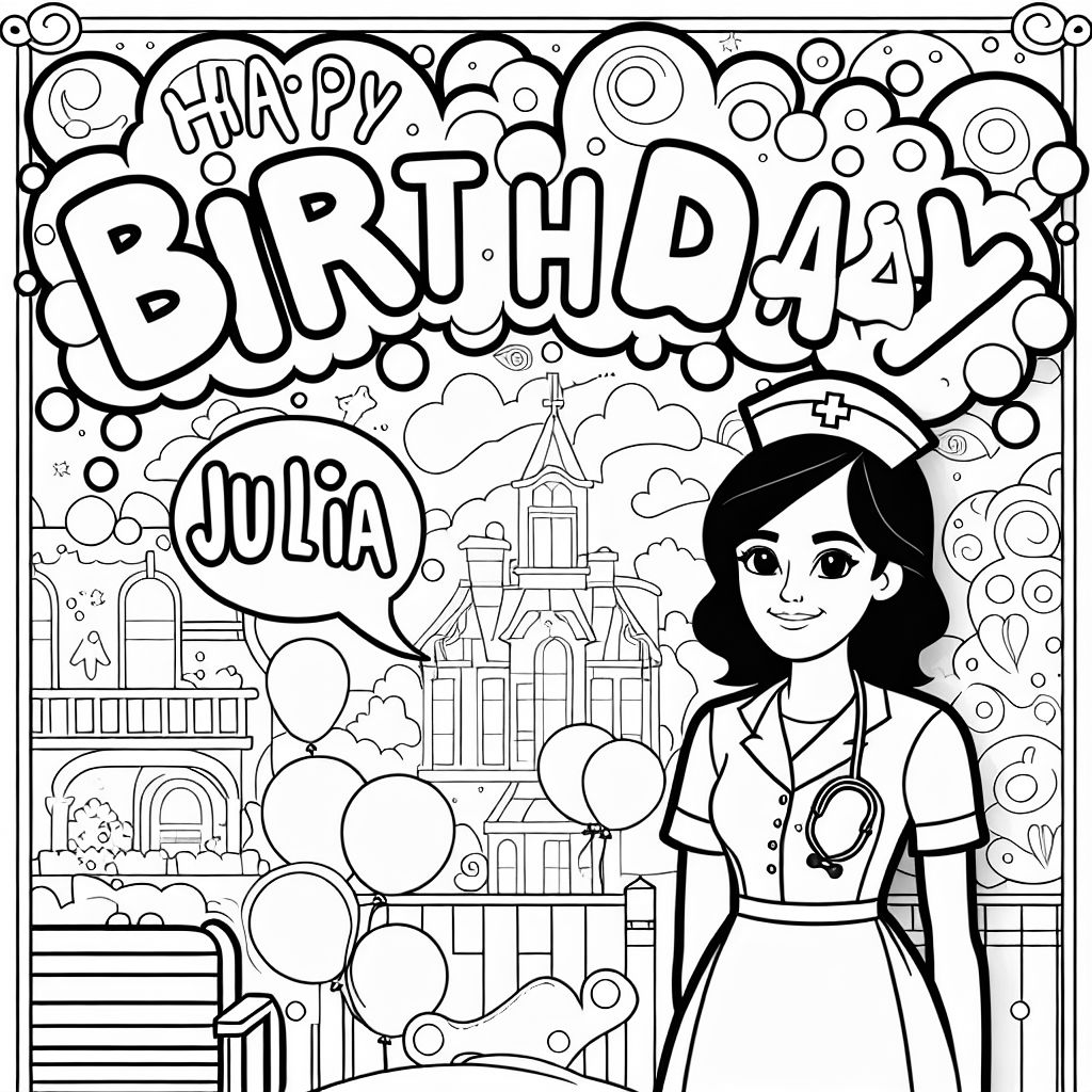 'Happy birthday julia spelled in bubble letters with woman dressed as ...