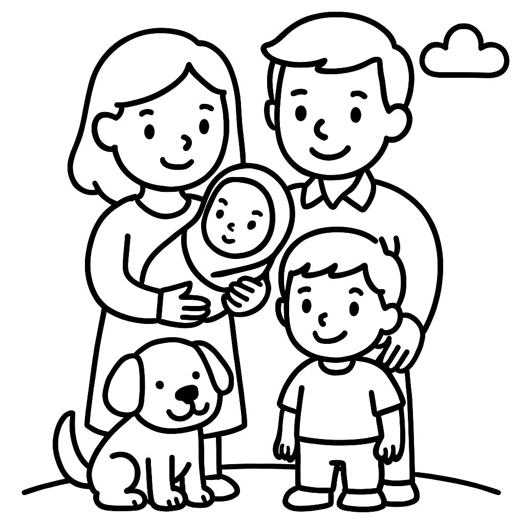 'mom dad son baby brother dog' Coloring Page | bubbely
