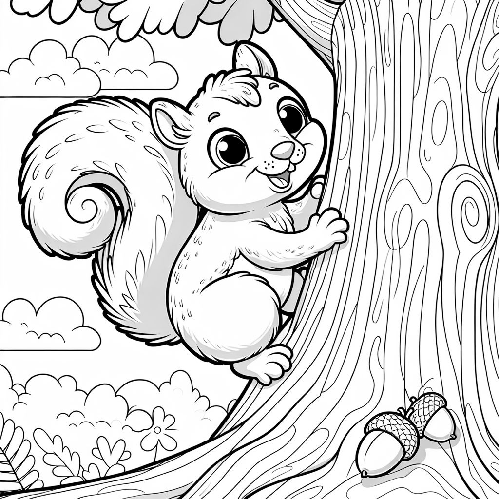 'Squirrel climbing tree' Coloring Page | bubbely