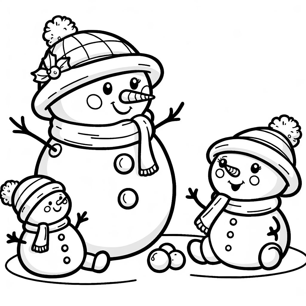 'A mom snowman and baby snowmen on a playdate' Coloring Page | bubbely