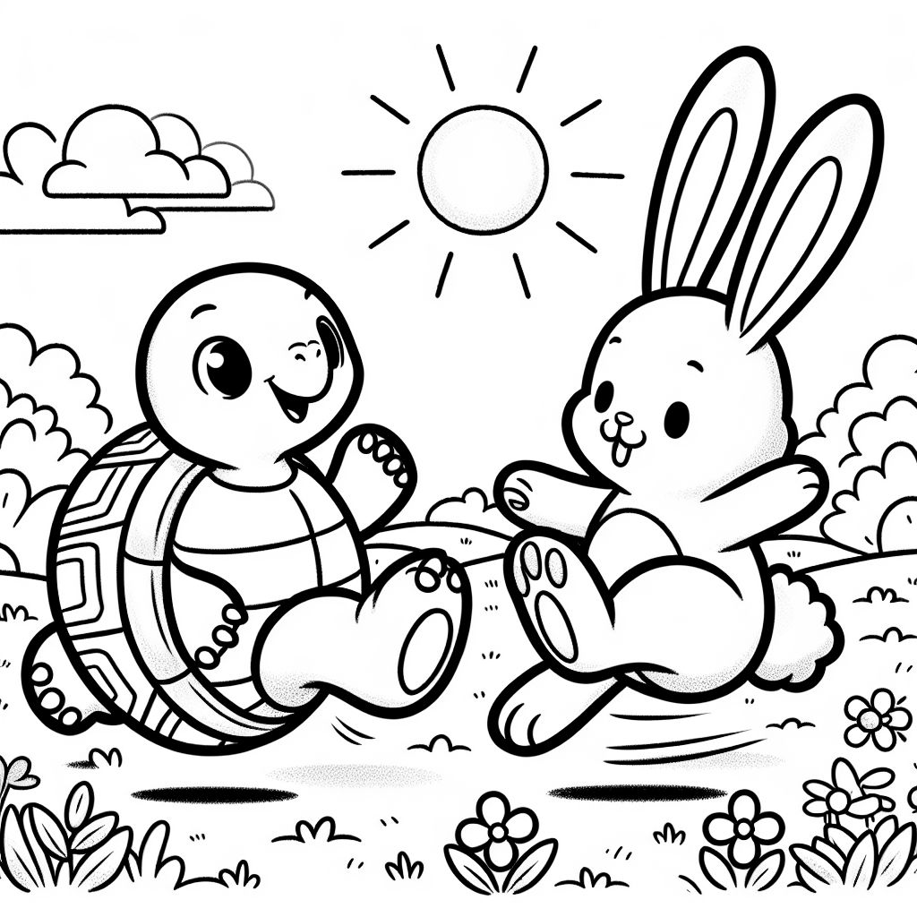 'turtle and bunny running' Coloring Page | bubbely