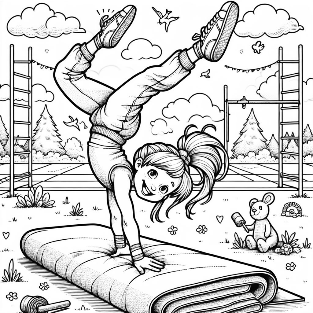 'A girl doing a cartwheel on a gym matt' Coloring Page | bubbely