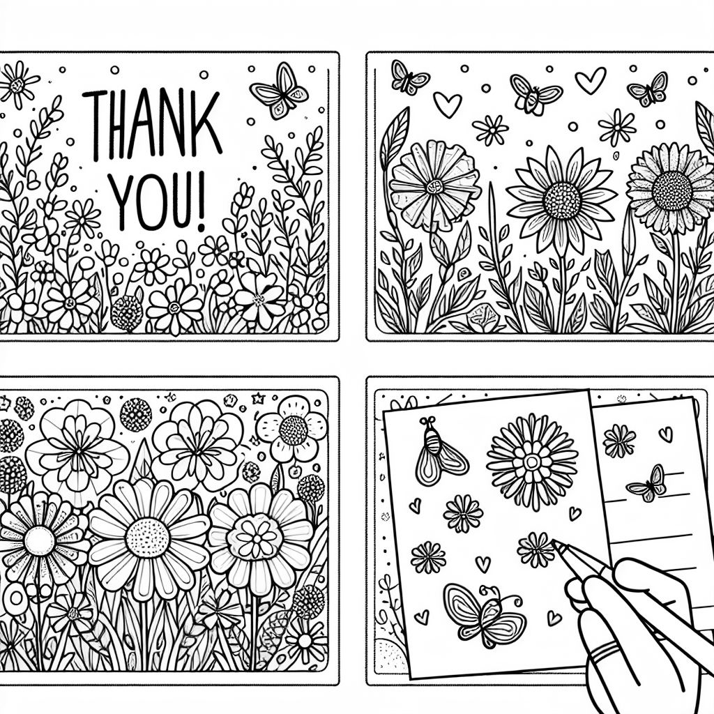 'A set of four printable floral themed thank you cards with the text ...