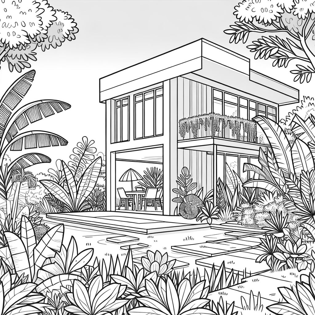 'Modern house with tropical plants' Coloring Page | bubbely