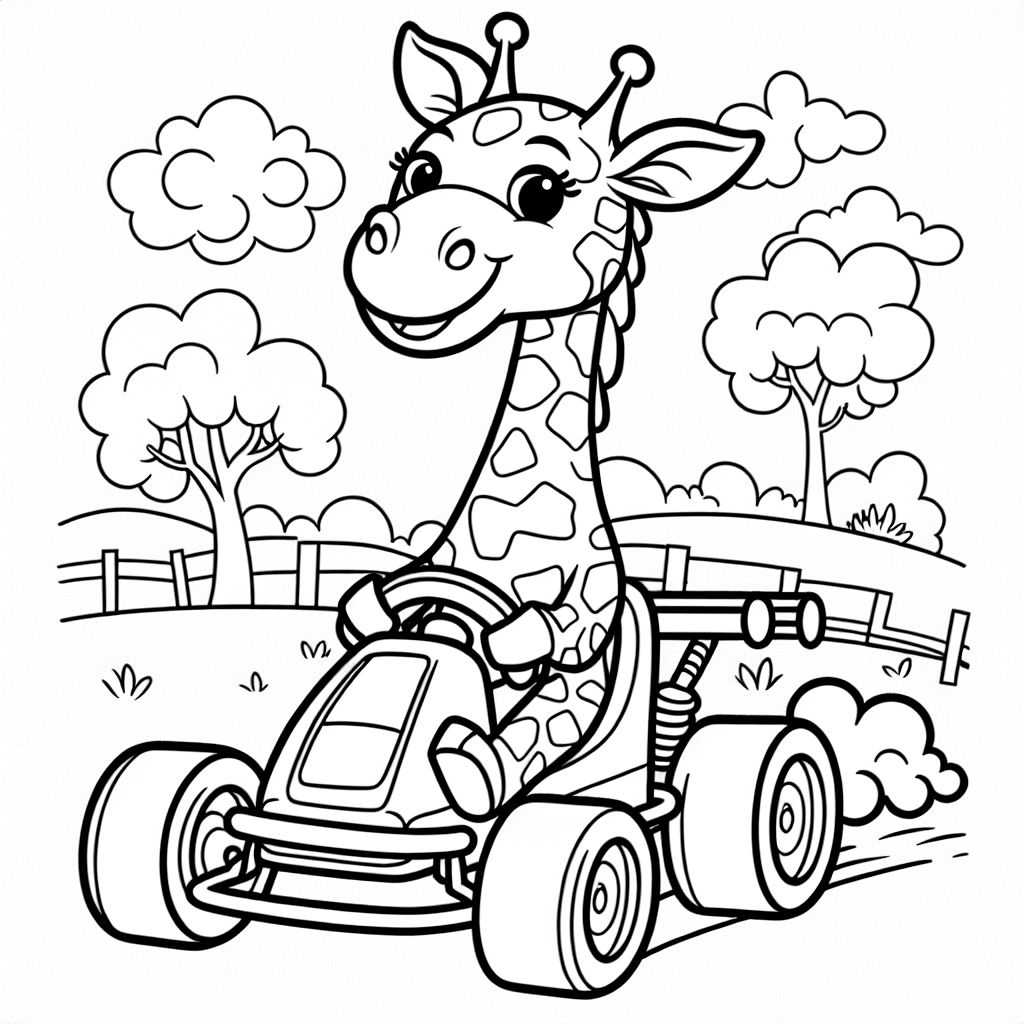 'Giraffe fährt im Kart' Coloring Page | bubbely