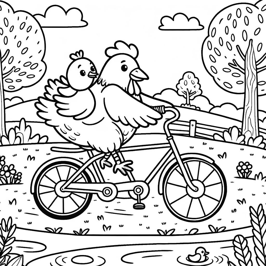 'A chicken and duck on a tandem bike' Coloring Page | bubbely