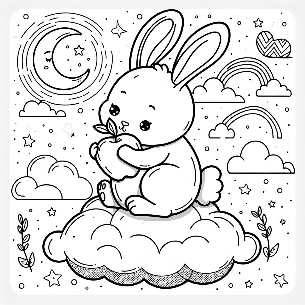 'Ein Kaninchen das auf den Wolken sitzt und ein Apfel essen' Coloring ...